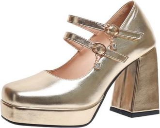 Generic Mary Janes en Argent métallisé pour Femmes avec Double Strass Boucle Bretelles Bout carré Escarpins Plate-Forme Haut Chunky Bloc Talons Chaussures hab