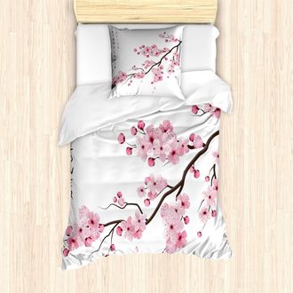 Abakuhaus Asiatisch Bettbezug Set für Einzelbetten, Japanischer Kirschzweig, Milbensicher Allergiker geeignet mit Kissenbezug,Rosa Weiß