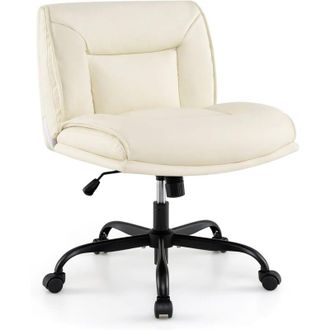 Costway Costway - Chaise de Bureau avec Roues, sans Accoudoirs en Cuir Artificiel, Dossier et Assise Large, Hauteur R&eacute;glable, Chaise Tournante &agrave; 360&deg;, Beige