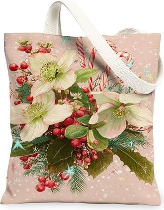 Generic Sacs fourre-tout en toile à motif floral de Noël, sacs dépicerie réutilisables, légers et lavables, Pêche, 13x15 Inch