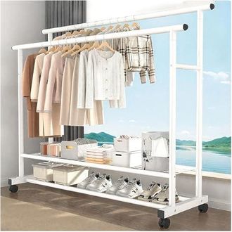 Generic Portant à vêtements à double barre en métal avec roulettes, cintre sur pied avec 2 étagères pour le rangement, blanc, 120 cm, parfait pour la maison o