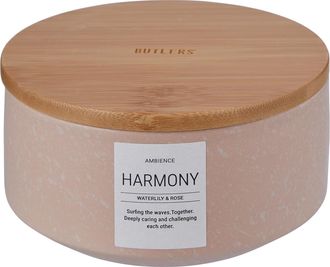 Butlers Duftkerze AMBIENCE Harmony im Steinzeuggefäß mit Bambusdeckel - Duft nach Rose & Wasserlilie - Naturwachs mit Sheabutter | Ruhige Duftkerze für Zuhaus