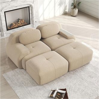 Generic Modulares Schlafsofa mit Ottomane, 3-Sitzer, modulares Cord-Sofa, ohne Montage, for Wohnzimmer, rahmenloses Sofa, mit gebogenen Armlehnen(Beige.,2S+2)