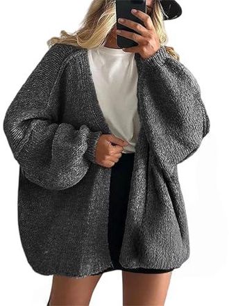 Generic Cardigan surdimensionn&eacute; en tricot &eacute;pais ouvert sur le devant pour femme, d&eacute;contract&eacute; &agrave; manches longues lanternes, manteaux dautomne tendance, gris fon