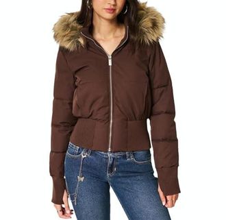 Generic Doudoune courte à capuche en fausse fourrure pour femme, manteau bomber matelassé chaud et rembourré, tendance avec poche à fermeture éclair, manteaux