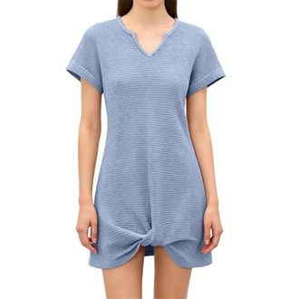 Generic Robe en tricot pour femme avec col en V, manches courtes, coupe d&eacute;contract&eacute;e et cordon de serrage sur le devant, robes serr&eacute;es pour femme, bleu clair,
