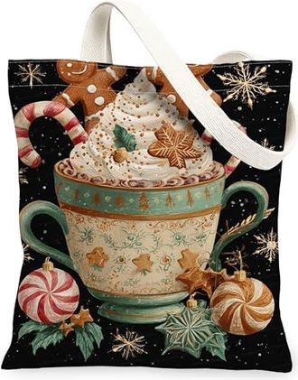 Generic Sacs fourre-tout en toile vintage de No&euml;l, motif cacao, sacs r&eacute;utilisables, l&eacute;gers et lavables avec bandouli&egrave;re, Noir/blanc, 13x15 Inch