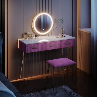 Vicco Coiffeuse Layla, Rose/Blanc, 100 cm avec &eacute;clairage LED et Tabouret