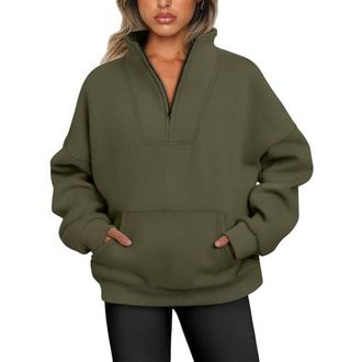 Generic Pull à capuche surdimensionné à manches longues et fermeture éclair quart de tour pour femme, Vert, 5XL