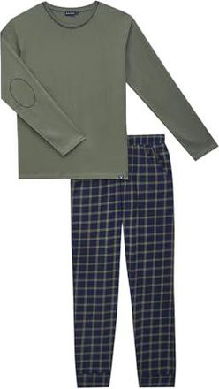 Arthur Pyjama Homme, Ensemble Manches Longues et Pantalon - 100% Coton Bio léger, Doux et Confortable - Motif Uni Carreaux Kaki - Taille XL