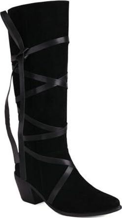 Generic Bottes d&eacute;contract&eacute;es western cowgril pour femme - Bout pointu - Talon &eacute;pais - Lacets - Chaussures dhiver, Noir, 39.5 EU