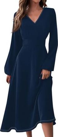 FNKDOR Robes Midi Femme Vintage Imprim&eacute; Floral Robe de Plage Vacances Slim Col en V Robe de Soir&eacute;e &Eacute;l&eacute;gant Robe Pliss&eacute;e &agrave; Manches Longues A-Line Robes D&eacute;cont