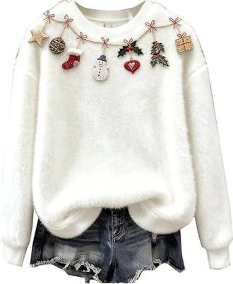 Generic Pull de Noël en flanelle pour femme - Imprimé chat mignon à paillettes - En coton - Col rond - Pull en polaire - Tunique habillée et décontractée - Po