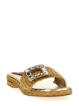 Roger Vivier Raffia with Jewel Buckle Sandals - Gold