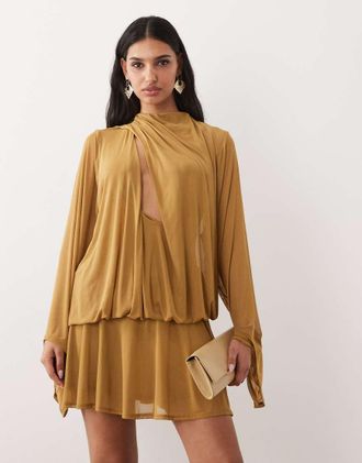 Asos Robe courte drap&eacute;e &agrave; encolure bateau et manches blousantes - Olive-Noir