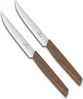 Victorinox by Swiss Army Swiss Modern, Profi Steakmesser-Set, 2-teilig, Extra Scharfe Klinge, Wellenschliff, 12 cm, Edler Holzgriff, Rostfreier Stahl, braun