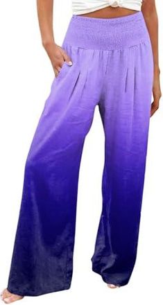 Generic Pantalon en coton et lin pour femme - Jambe large - Pantalon de plage d&eacute;t&eacute; pour femme - Confortable - Pantalon de yoga Palazzo XIYU26081, violet, 3XL