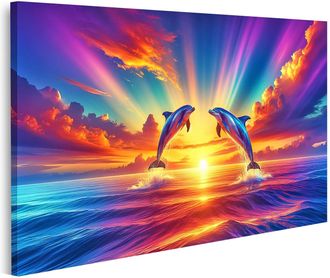 Islandburner Bild auf Leinwand Delfine Im Farbigem Sonnenuntergang &Uuml;ber Dem Meer Bilder Wandbilder Poster