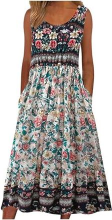 Generic Robes boh&egrave;me 2026 pour femmes, robe imprim&eacute;e d&eacute;contract&eacute;e, sans manches, col rond, poche ample, rose, XXL