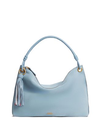 Tommy Hilfiger Schultertasche TOMMY HILFIGER TH STATEMENT LEATHER BAG SUEDE, Damen, Gr. B/H/T: 44cm x 29cm x 6cm, blau (hellblau), Veloursleder, Taschen Schultertasc