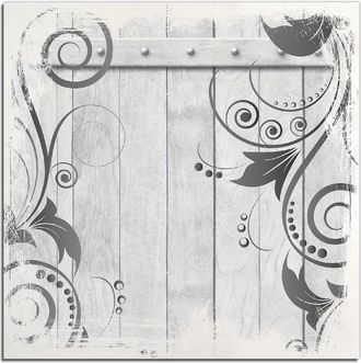 Wallario Wandbild aus Holz Graue Holztür mit Schnörkelmuster - 40 x 40 cm in Premium-Qualität: Brillante Farben