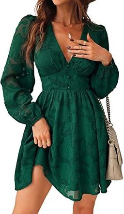 Cupshe Mini Robe Femme en Dentelle Moulante à Manches Longues Imprimé Floral Col en V Robe de Cocktail Casual Party Soirée Vert XL