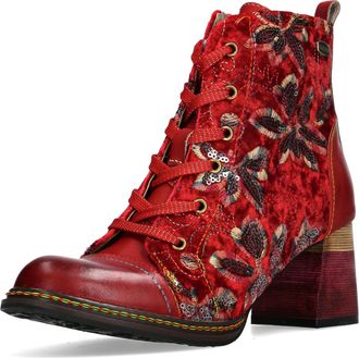 Laura Vita Damen Stiefelette Leder mit Blumenmuster und Cap Toe Rejineo 78, Gr&ouml;&szlig;e:38 EU, Farbe:Rot