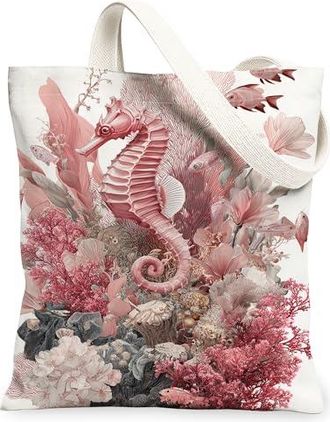 Generic Sacs fourre-tout en toile motif hippocampes floraux, sacs d&eacute;picerie r&eacute;utilisables, vintage, l&eacute;gers, lavables, p&ecirc;che, 13x15 Inch
