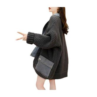 Generic Dearlassie - Cardigan en jean avec poches, revers surdimensionn&eacute;, cardigan ample en jean pour femme, gris fonc&eacute;, taille unique