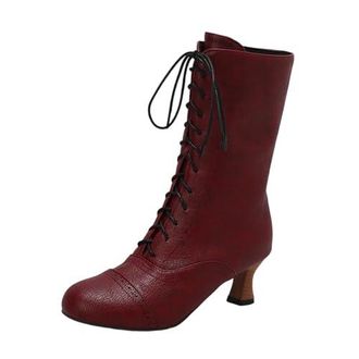 Generic Bottes &agrave; lacets pour femme - Bout rond - &Eacute;l&eacute;gantes - Style r&eacute;tro - Couleur unie - Similicuir - Confortables - Pour le bureau et les f&ecirc;tes, bordeaux, 3