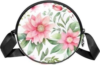 Generic Petit sac &agrave; bandouli&egrave;re circulaire pour femme, motif feuilles florales, sac &agrave; dos avec fermeture &eacute;clair, bretelles r&eacute;glables, sac &agrave; main rond d&eacute;contra