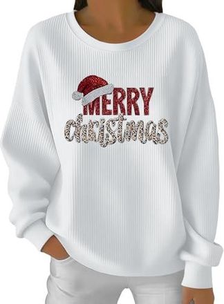 Generic Pull de Noël pour femme, pull à manches longues pour femme, col rond, décontracté, confortable, tenue décontractée, B-blanc., XXL