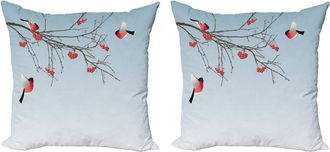 Abakuhaus Eberesche Kissenbezug Set (2Stück), Dompfaff Vögel Zweige, doppelseitiges Digitaldruckdekor mit Reißverschluss, 50 cm, Dunkelbraun Hellblau