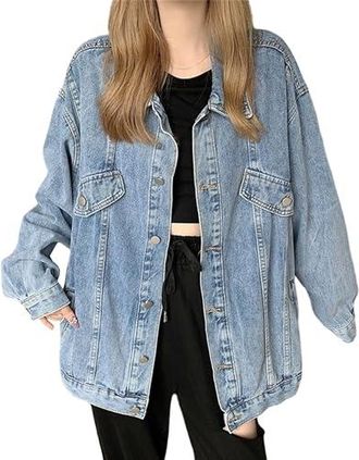 Generic Veste en jean surdimensionn&eacute;e pour femme, grande taille, manteau en jean d&eacute;lav&eacute; pour la mode d&eacute;contract&eacute;e, bleu, XL