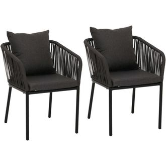 Hhg [NEUWERTIG] 2er-Set Gartenstuhl HHG-616, Outdoor Armlehne, wetterfest Aluminium Seilgeflecht Rope anthrazit, Kissen dunkelgrau