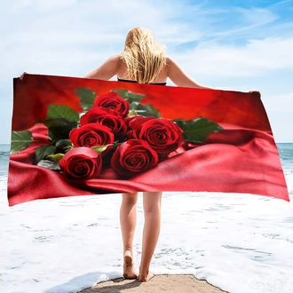 Generic Rose Mikrofaser Strandtuch 100x200, 3D Rote Blumen Badetuch Gro&szlig; Handt&uuml;cher, Strandhandtuch SchnellTrocknend Badehandtuch, Saunatuch, Handtuch, Damen,