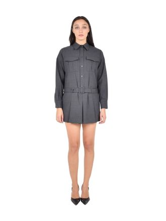 P.A.R.O.S.H. Womens Dress With Flap Pockets And Belt Anthracite Virgin Wool