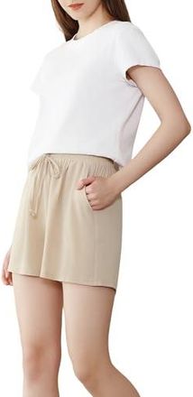 Power Flower Shorts d&eacute;t&eacute; Femme Casual Shorts en Sweat avec Poches Confortables &agrave; Cordon de Serrage (LY129-Khaki, L-XL)