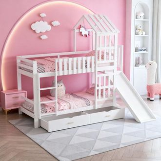 Generic Etagenbett Kinderbett 90x200 cm mit XL-Rollschublade & Spaßrutsche - Charmantes Dach-Design mit Fenster - Weiß (Kiefer/MDF/Sperrholz)