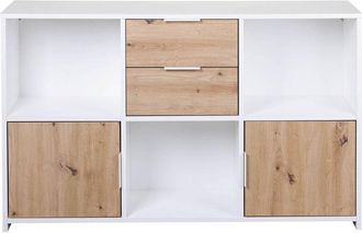 PEGANE Commode, meuble de rangement avec 2 portes et 2 tiroirs coloris chêne Artisan /blanc - longueur 120 x profondeur 30 x hauteur 77 cm