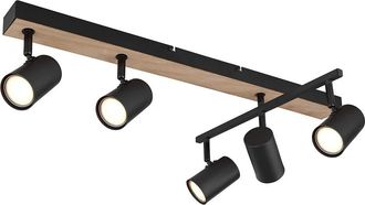 Globo Lighting Deckenstrahler schwarz Spot Deckenleuchte Spotleiste 5 flammig, Metall MDF Holzoptik skandinavisch, 5x GU10 Fassungen, LxBxH 70x35x18cm