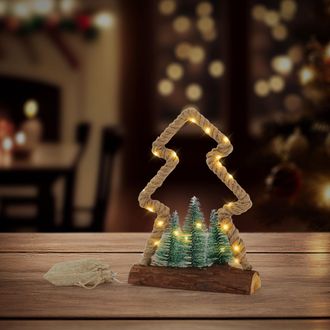 ECD Germany LED Jute Baum mit LED-Beleuchtung 23x6,5x30 cm, Deko Weihnachtsbaum aus Seil mit 30 warmweißen LEDs, 3 Tannen, Jutesäckchen, batteriebetrieben, Timer,