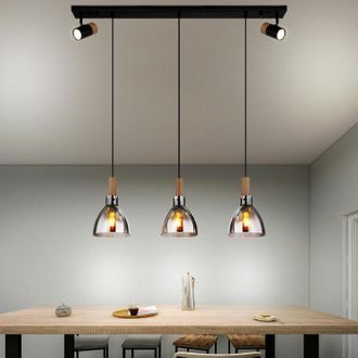 Globo Lighting Pendellampe schwarz Hängeleuchte modern Esstischlampe, 5-flammig Spots schwenkbar Holzoptik, Metall Glas, rauch, GU10/E27 Fassung, LxBxH 95x16x120 cm