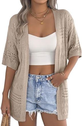 Generic Cardigans légers pour Femmes, décontractés, ajourés, Manches Courtes, tricotés, pour Les Vacances, Printemps-été, Crochet, Style bohème