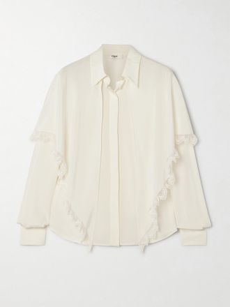 Chlo&eacute; Chemise En Cr&ecirc;pe De Chine De Soie &Agrave; Finitions En Dentelle Et &Agrave; Superposition - Blanc