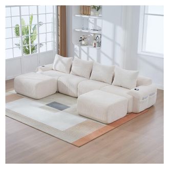Generic Modernes L-f&ouml;rmiges modulares Sofa, 3-Sitzer-Sofa, modulares Ecksofa aus Cord, ergonomisch geschwungenes Design, ausgestattet mit Aufbewahrungstaschen