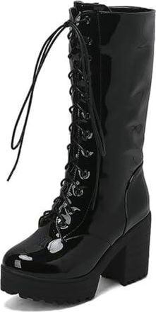 Generic Bottes déquitation mi-claf à lacets pour femme avec plateforme épaisse et bout rond - Chaussures punk avec fermeture éclair latérale, Noir, 37.5 EU