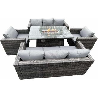 Fimous 8 places ext&eacute;rieur pe rotin meubles de jardin foyer &agrave; gaz table &agrave; manger ensemble canap&eacute; salon 2 pc fauteuil gris fonc&eacute; hybride terrasse - Fimous