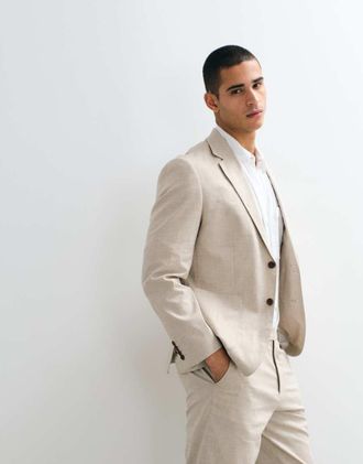 Selected Veste de costume densemble coupe classique en lin m&eacute;lang&eacute; - Beige-Neutral
