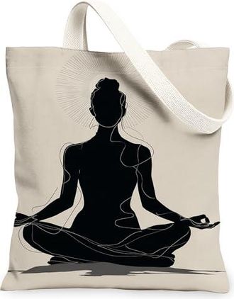 Generic Sac fourre-tout en toile motif silhouette de m&eacute;ditation, sacs d&eacute;picerie l&eacute;gers et r&eacute;utilisables, style boh&egrave;me chic et respectueux de lenvironnement, b